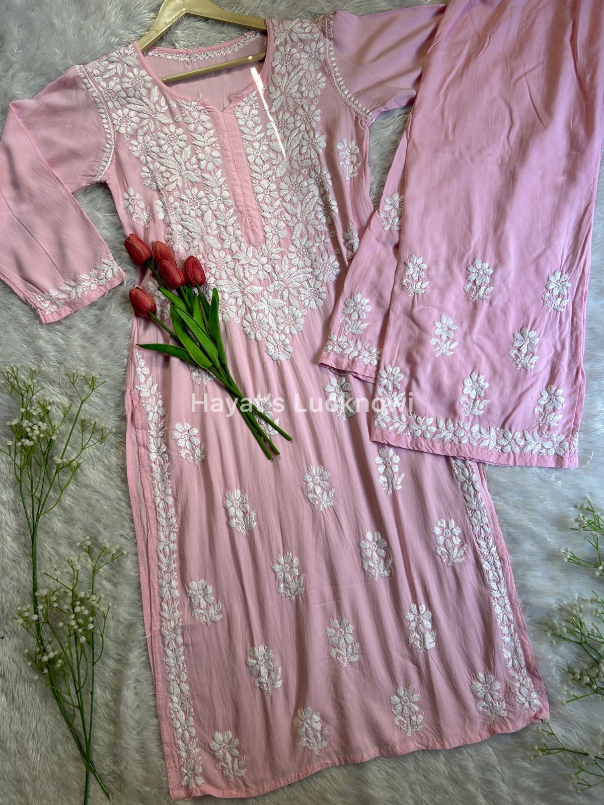 Khushi baby pink chikankari rayon set – Hayat's Lucknowi